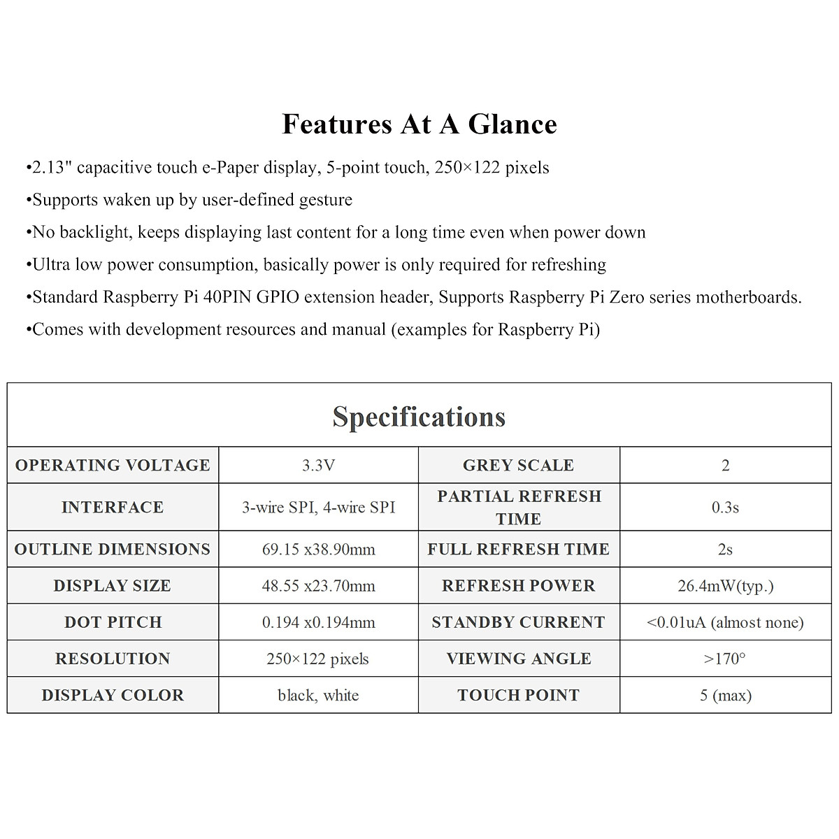 2.13inch Touch e-Paper Display with ABS Case for Raspberry Pi Zero 2 W/Raspberry Pi Zero/Pi Zero W/Pi Zero WH, 250x122 Pixels E-Ink, Paper-Like Effect Support Partial Refresh