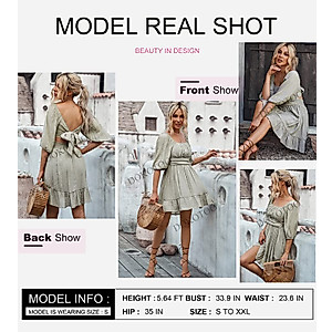 Dokotoo Womens Square Neck Mini Dress Tie Back Lantern Sleeve Summer Dresses Ruffle A-Line Grey Dress Casual Shirred Elastic Waist Sexy Dress Medium