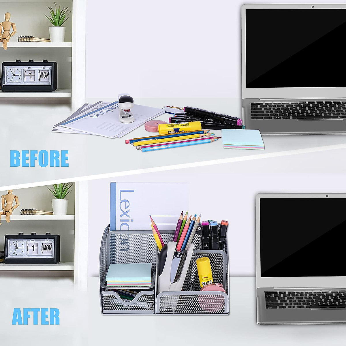 Desk Organizer Office Accessories, Multi-Functional Mesh Desk Organizer with 6 Compartments and 1 Drawer for Home, Office, School, Workshop, kitchen (Silver)