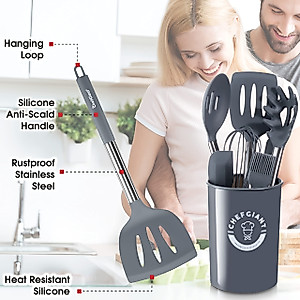 Silicone Cooking Utensils Set - Stainless Steel Handle, 15 Piece Kitchen Utensil Sets | Nonstick, Heat Resistant, BPA Free & Dishwasher Safe | Grey