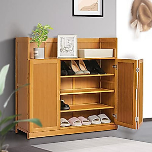 MoNiBloom 4 Tier Shoe Cabinet, Bamboo Free Standing Shoe Shelf Oragnizer Storage with Doors & High Baffle for 16-20 Pairs Home Entryway Hallway Office Bedroom, Brown