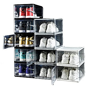 kicksluoplug KM,Shoe Storage Box,Arc-Shaped Safe Plastic box, Set of 4,Shoe Organizer for Display Sneakers,Stackable Clear box,Fit up to US Size 12(13.4inx 9.84inx 7.1in) (Black)