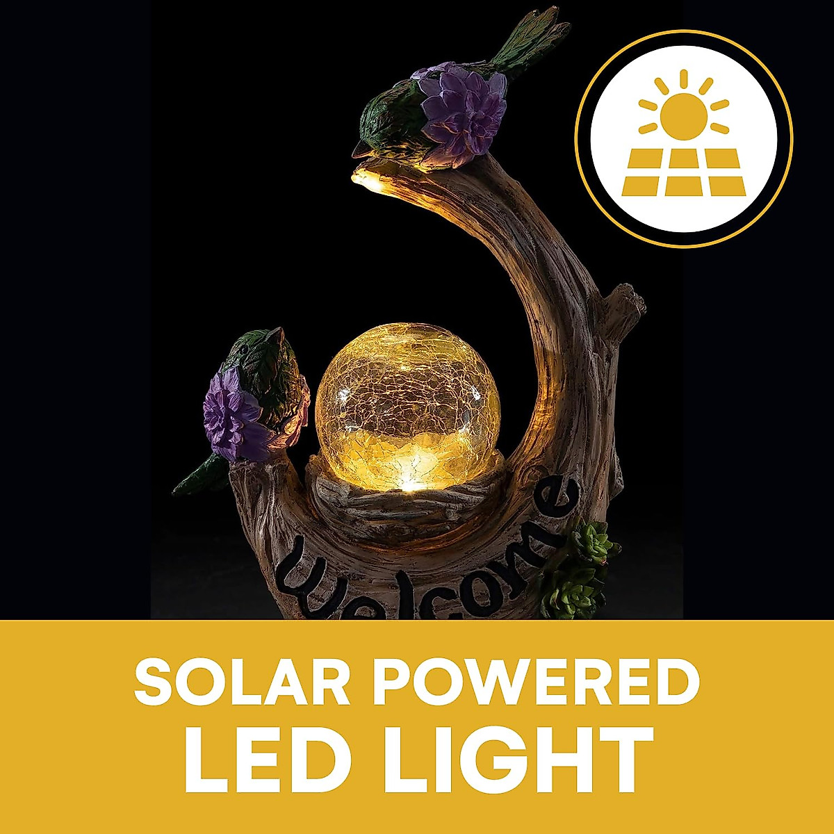 VP Home Welcome Birds Tree Trunk Solar Powered LED Outdoor Decor Garden Light with Crackled Glass Globe Welcome Birds Statues Outdoor Bird Decor Figurine Decor for Outside Patio, Yard, Lawn