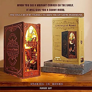 DIY Book Nook Kit,Dollhouse BookNook Bookshelf,3D Wooden Puzzle Bookends, Book Nook Miniature Kits with LED Light for Adults