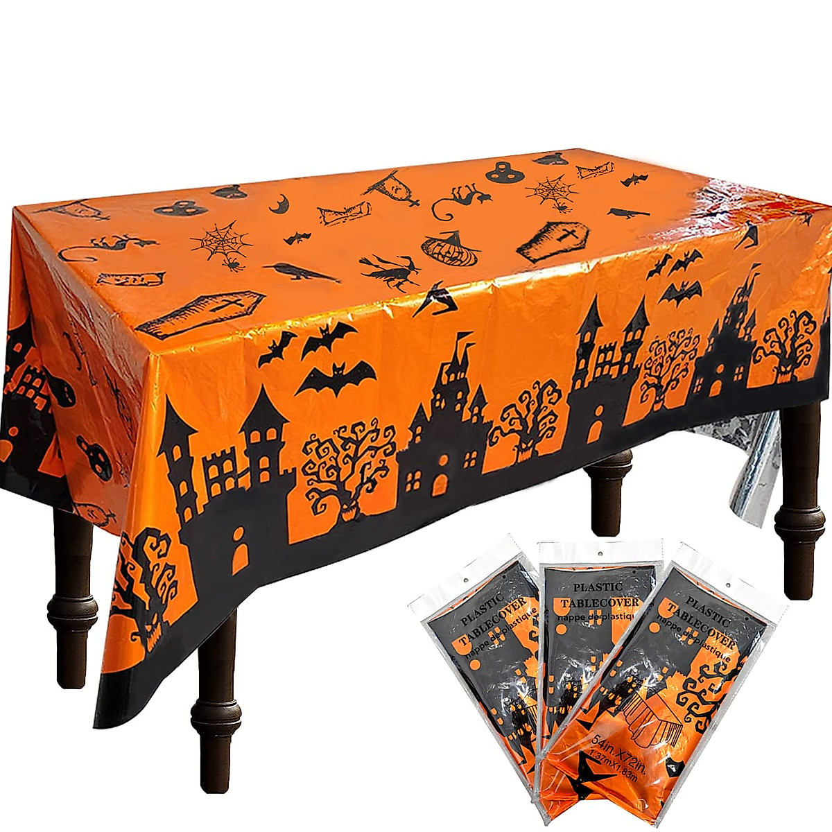 IAXSEE 3 Packs Waterproof Halloween Tablecloth, Rectangle Disposable Table Cover Plastic Table Cloths for Halloween Party Decoration Supplies, 54 x 73 inches