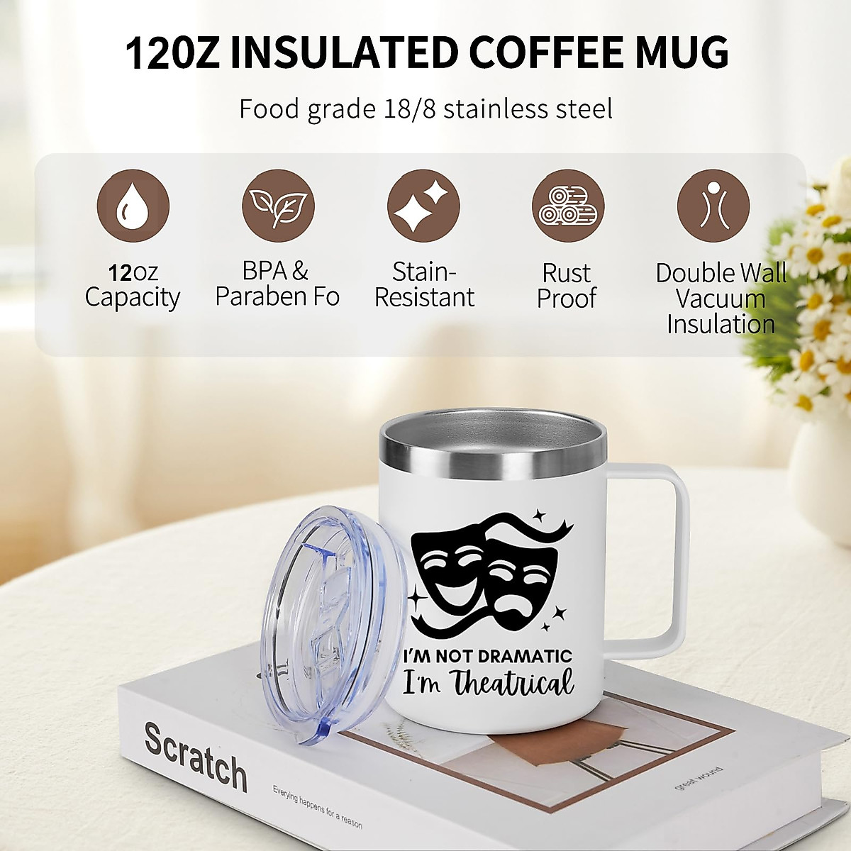 WFSJRED Theater Gifts 12 oz Insulated Mug for Coffee Mug with Leak-Resistant closeable hot lid for hot Drinks with Handle Broadway Gifts for Musicians (DRAMATIC)