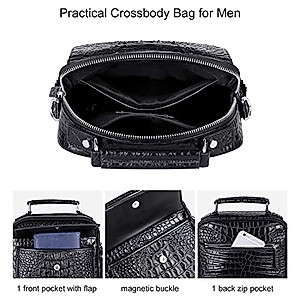 PIJUSHI Crocodile Leather Crossbody Bag for Men Genuine Leather Small Messenger Bag Shoulder Bag(PE002 Black)