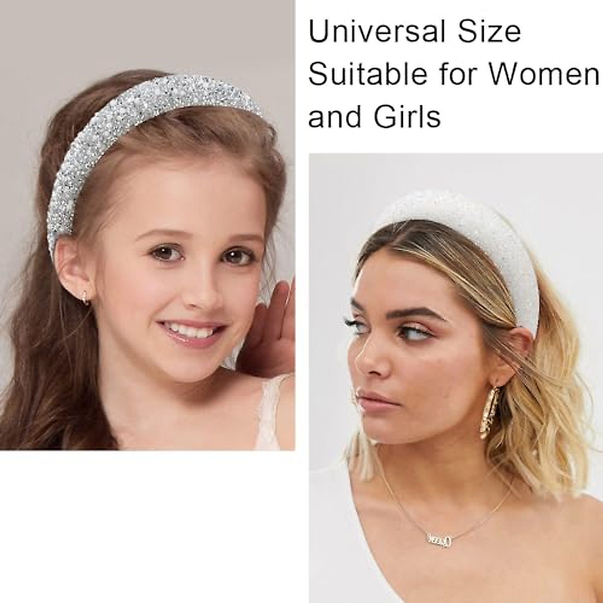 AHONEY 2 Pack Rhinestone Headband for Women Girls, Glitter Sequin Beaded Pearls Padded Headbands for Women Prom Wedding Sparkly Hair Bling Birthday Hair Accessories (Silver&White)