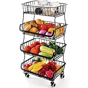 Fruit Vegetable Storage Basket, 4 Tier Stackable Metal Wire Storage Baskets with Wheels, Fruit Vegetable Produce Basket Organizer Bins for Kitchen, Pantry, Bathroom