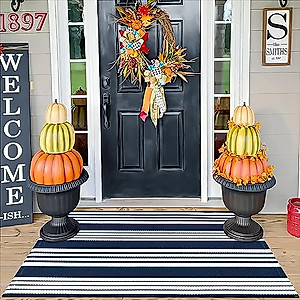 OJIA Blue and White Outdoor Rug 3’x 5‘ Cotton Hand Woven Striped Front Porch Rug Machine Washable Indoor Outdoor Rugs Farmhouse Layered Door Mat for Entryway/Kitchen/Laundry/Living Room/Bathroom