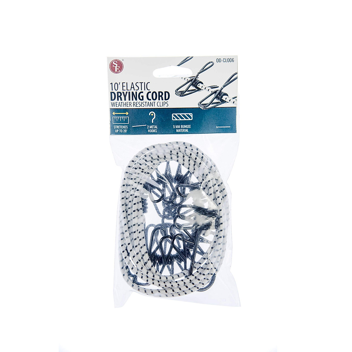 SE 10' Elastic Drying Cord with Weather Resistant Clips - OD-CL006
