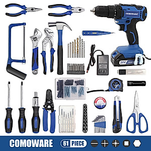 COMOWARE 120 Pcs Home Tool Kit with Drill, 20V Power Tool Combo Kits with 2.0 Ah Li-ion Battery & Charger, 25+1 Clutch, Tool Sets for Men, Household Tool Set for Garden Office Home Repair, Blue Case