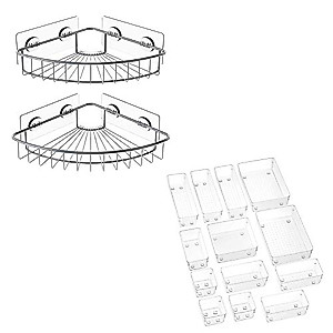 SMARTAKE 2 Pack Corner Shower Caddies 13-Piece Drawer Organizers - SUS304 Shower Caddies, Plastic Storage Organizer with Non-Slip Pads for Toilet, Dorm and Kitchen