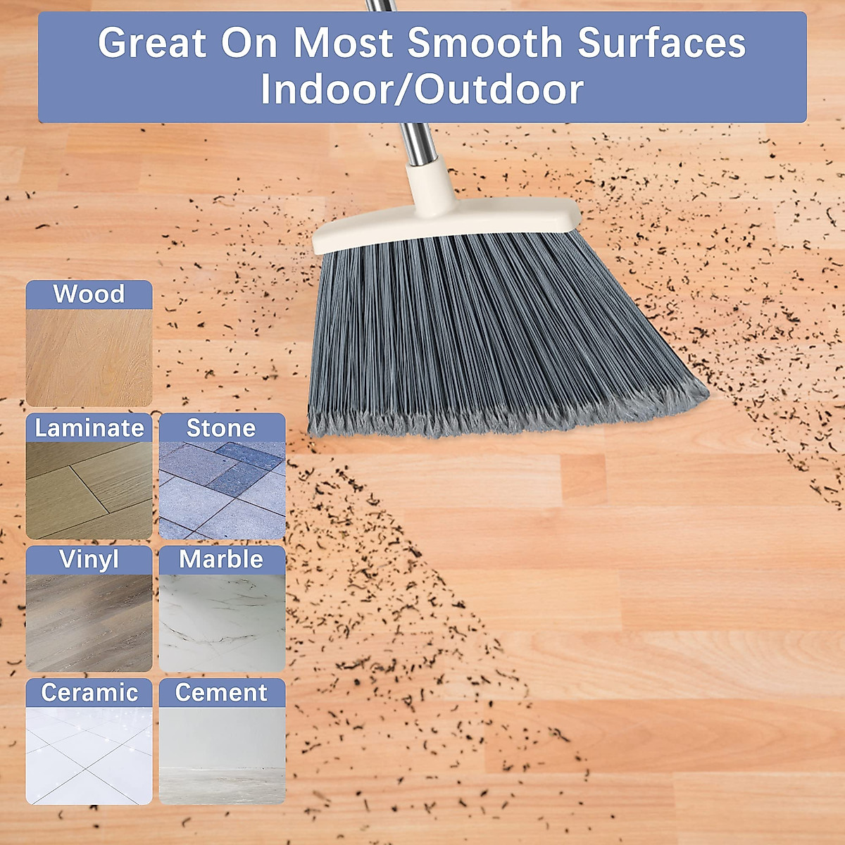 Aifacay Heavy Duty Broom, Outdoor Indoor Broom Home Kitchen Lobby Commercial Broom for Sweeping 56 Inch Long Handle Angle Broom with Flagged Stiff Bristles