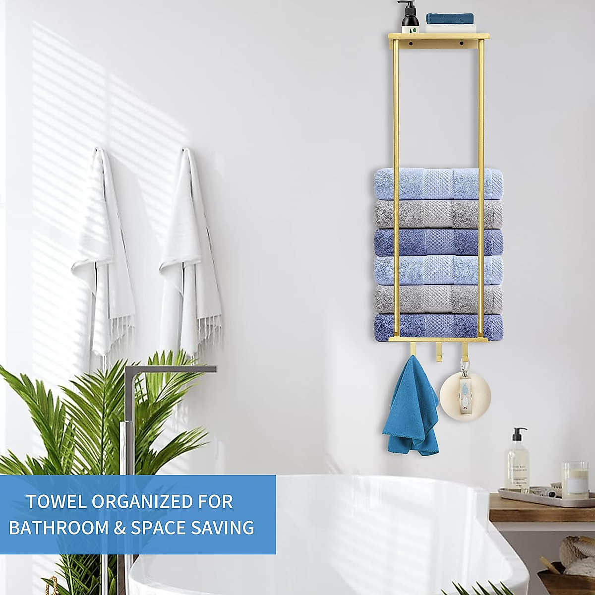 HOTNIU Towel Rack Wall Mounted Bathroom Towel Holder for Rolled Towels, Gold Metal Towel Storage Organizer with Shelf and 3 Removeable Hooks