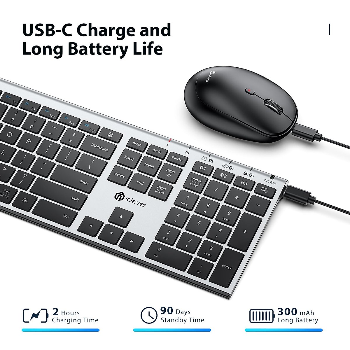 iClever Bluetooth Keyboard and Mouse, Rechargeable Wireless Keyboard and Mouse Combo with Numeric Keypad, Ultra-Slim Full Size Multi-Device Keyboard for Mac, iPad, MacBook, iPhone, Android, Windows
