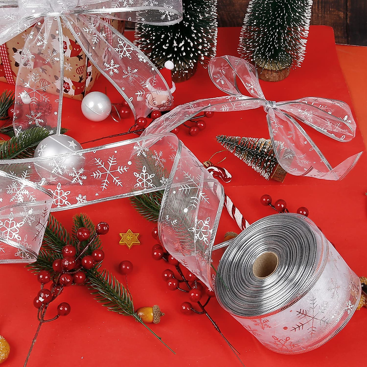 CCINEE Snowflake Christmas Organza Ribbon 2.5"X 50 Yards Silver Snowflake Wired Sheer Glitter Ribbon for Xmas Tree Decor Gift Wrapping Craft Party Decoration