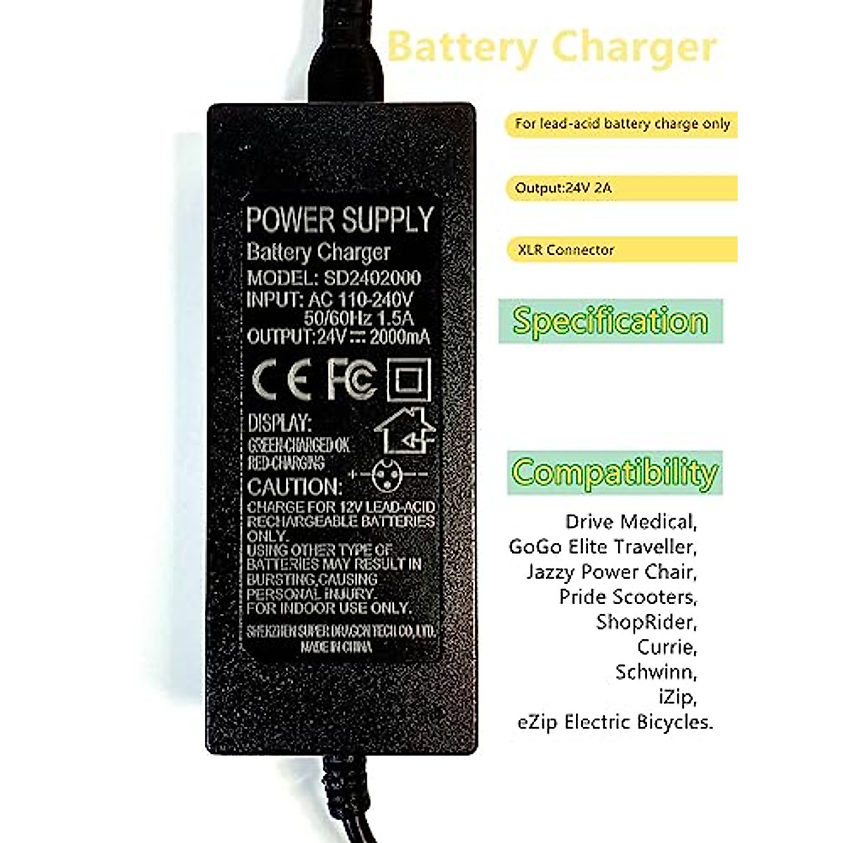 Palrey 24V2A Battery Charger for GoGo Mobility Scooter 24v2000mA Quick Charger (3-Pin XLR Connector) for Drive Medical, Go-Go Elite Traveller, Jazzy Power Chair, Pride Mobility, ShopRider, iZip, eZip