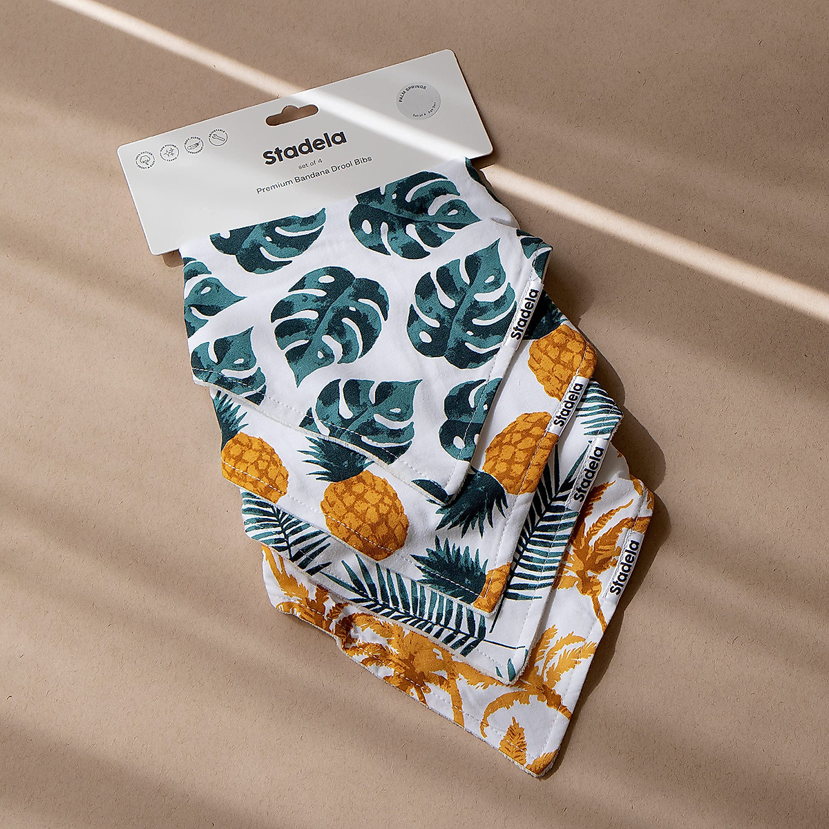 Stadela 100% Cotton Baby Bandana Drool Bibs for Drooling and Teething Nursery Burp Cloths 4 Pack Unisex Set for Girl and Boy – Palm Tropical Leaf Hawaii Surfing Pineapple Beach Summer