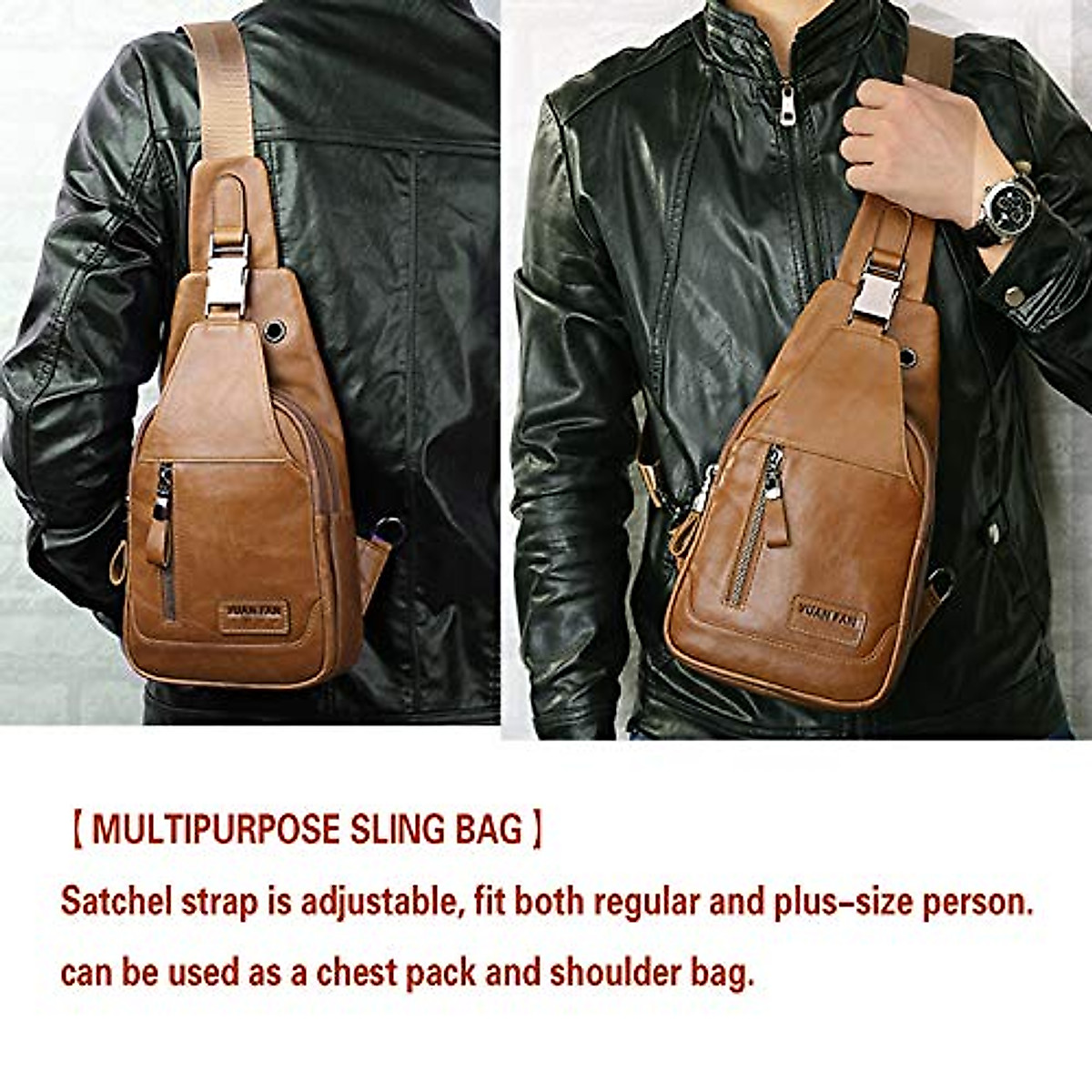 YUAN FAN Leather Sling Bag for Men,Crossbody Purse Chest Bag Backpack Messenger Shoulder Bag Small