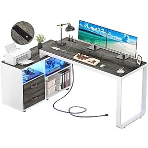 Homieasy L Shaped Desk with File Cabinet & Power Outlet, 55 Inch Large Corner Computer Desks with LED Strip, L-Shaped Computer Desk with Drawers and Storage Shelves for Home Office, Grey & White