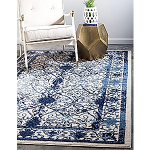 Unique Loom La Jolla Collection Vintage, Contemporary, Border, Ornate, Traditional Area Rug, 5 ft x 8 ft, Blue/Ivory