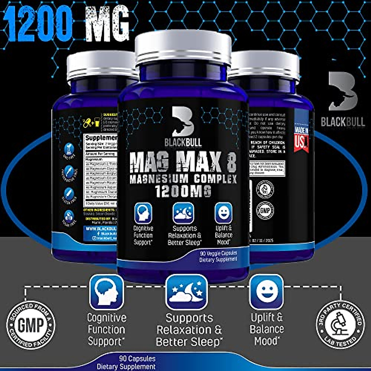 Blackbull MagMax Magnesium Complex 1200 mg -90 Capsules | L-Threonate, Glycinate, Citrate, Chelate, Bisglycinate, Malate, Aspartate, Taurate | Calm and Sleep