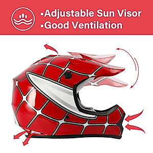 XFMT DOT Youth Kids Motocross Offroad Street Dirt Bike Helmet Youth Motorcycle ATV Helmet with Goggles Gloves Red Spider M