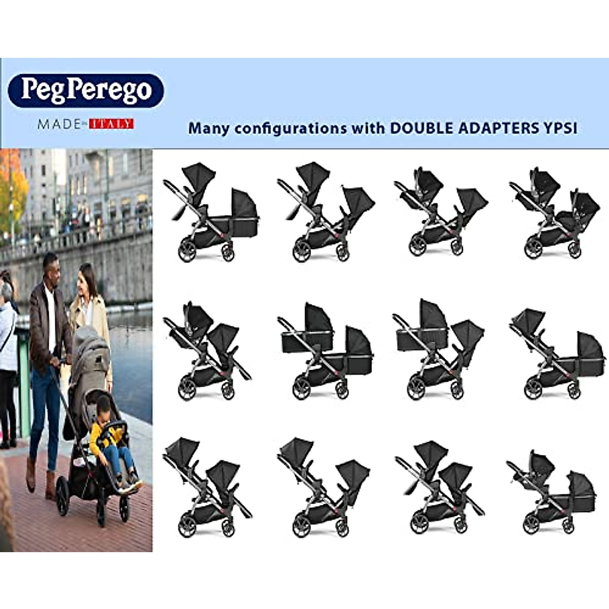 Peg Perego Ypsi Travel System - Includes Ypsi Lightweight Reversible Stroller and Primo Viaggio 4-35 Nido Infant Car Seat - Made in Italy - Atmosphere (Grey)