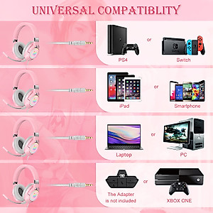 HOLULU Foldable Pink Gaming Headset Compatible with PS5 PS4 PC Mobile Phone Tablet Xbox One(Adapter Not Included), with Detachable Noise Canceling Mic, 3.5mm & USB C Plug, for Adults & Kids