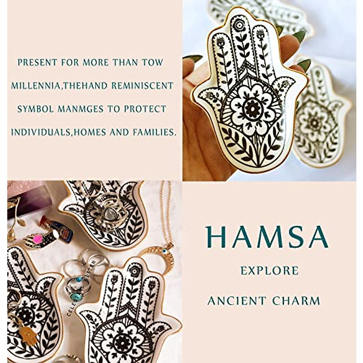 MADE BY LUCKY Jewelry Dish Trinket Dish Ring Dish Ceramic Hamsa Evil Eye Hand of Fatima Holder Key Ashtary Trinket Plate Bowl Small Boho Home Decorative Cute Decor Jewelry Tray Dish Gift Mom Brithday