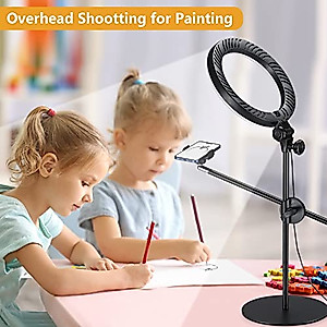 Selfie Ring Light with Stand and Phone Holder,Overhead Phone Mount with 10.5" Ring Lights,Desk Circle Lingt with Tripod Adjustable Shooting Arm for Video Recording,YouTube,TikTok,Live Streaming