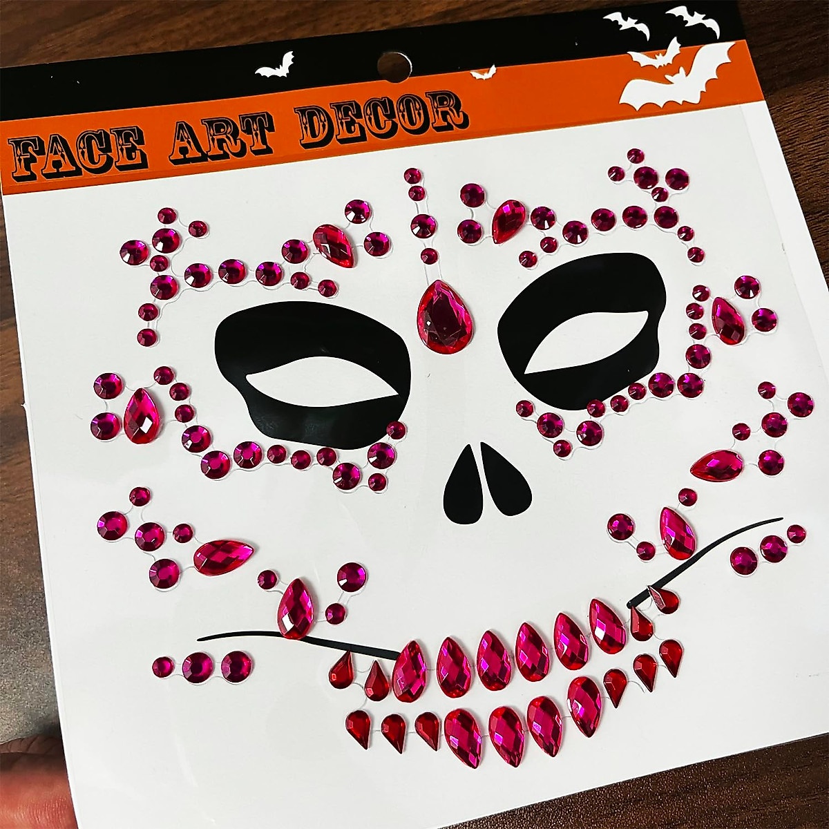 PADOUN Rhinestone Face Jewels, 3-Pack Day of the Died Face Gems Halloween Temporary Face Tattoo, Stick on Hollowing Prank Makeup Costume