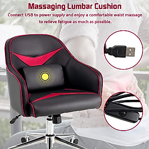 Giantex PU Leather Gaming Chair, Adjustable Height Mid-Back Armchair w/Massage Lumbar Pillow, Rolling Swivel Desk Chairs for Office Home Game Room (Red & Black)