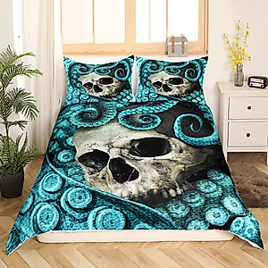 Feelyou Octopus Duvet Cover Set Queen Size 3D Print Skull Bedding Set Blue Decorative Luxury Horror Microfiber Polyester Comforter Cover with 2 Pillow Shams, Zipper, Marine Life, 3 Pieces