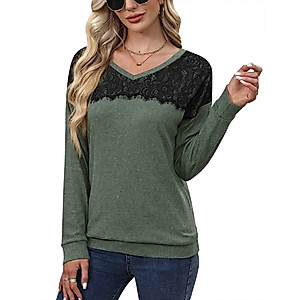 For G and PL Womens Casual Dressy Cotton Lace Trim Sweatshirt Fall Loose Fit Long Sleeve V Neck Top Sweater Forest Green L