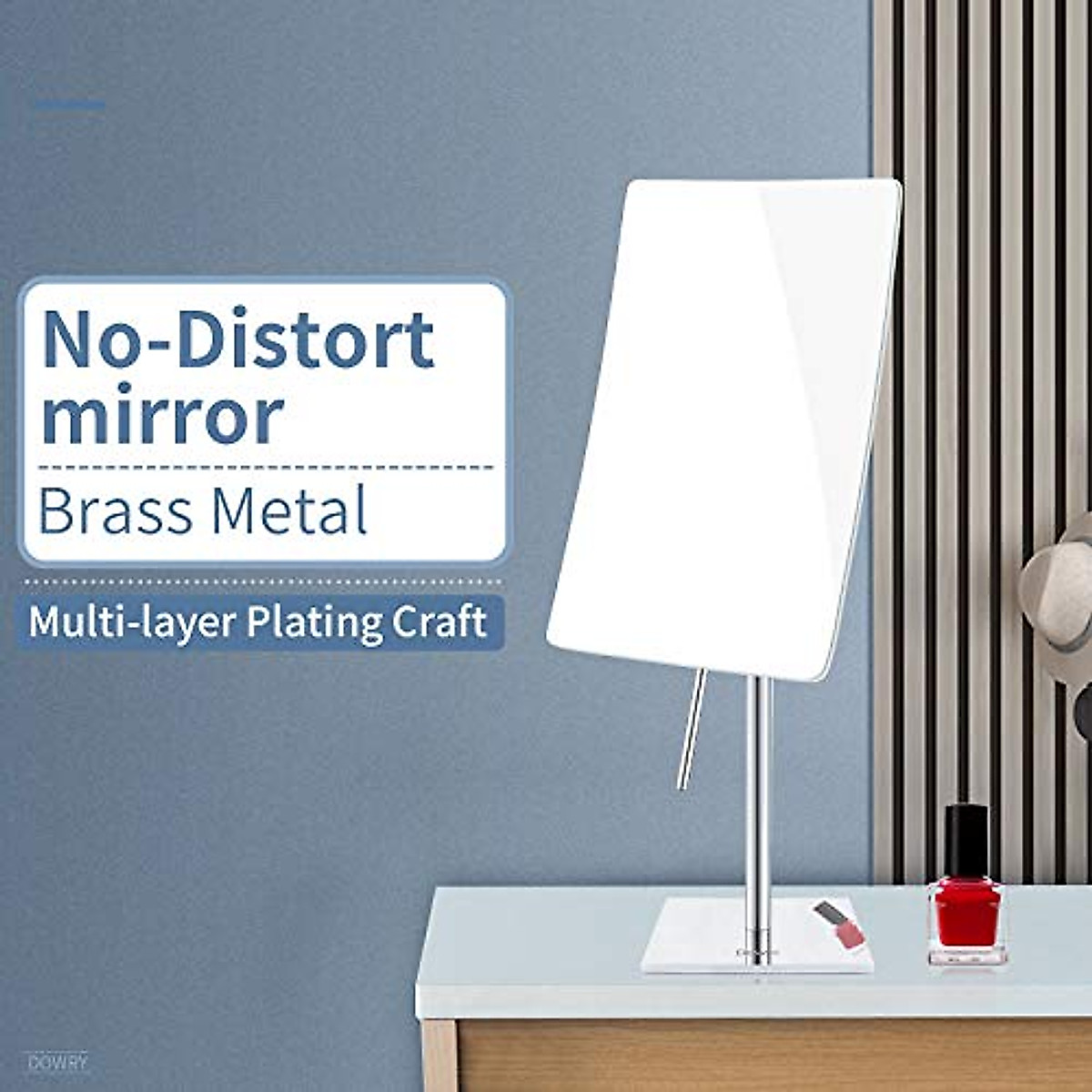 DOWRY 5X Tabletop Magnifying Makeup Mirror Adjustable Rectangular Vanity Mirror for Bedroom 304 Stainless Steel Polished Chrome