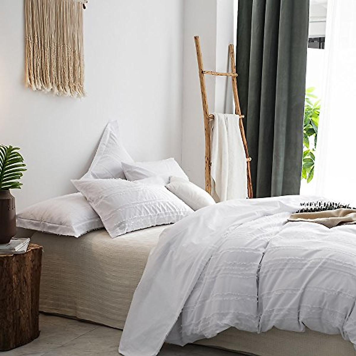 Merryfeel Duvet Cover Set Queen,100% Cotton White Textured Striped Duvet Cover with Pillowshams,3 Pieces Bedding Set-White Stripe Full/Queen