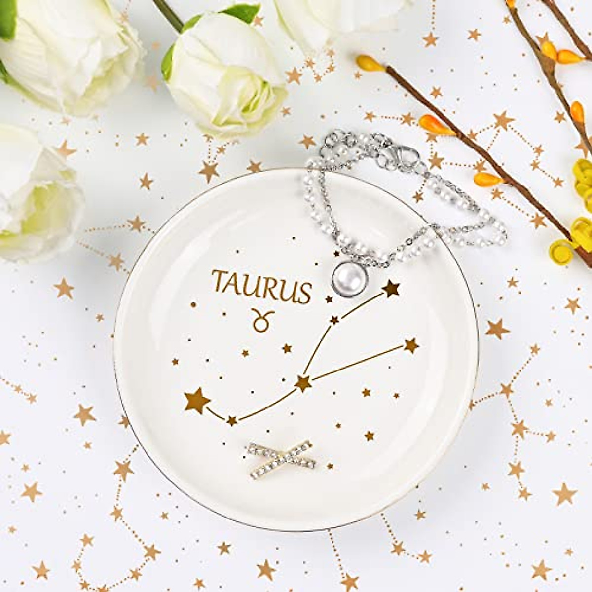 Homlouue Taurus Gifts for Women Zodiac Ring Dish, Taurus Birthday Gifts Ceramic Astrology Sign Jewelry Dish Zodiac Gifts for Taurus Constellation for Women Girls