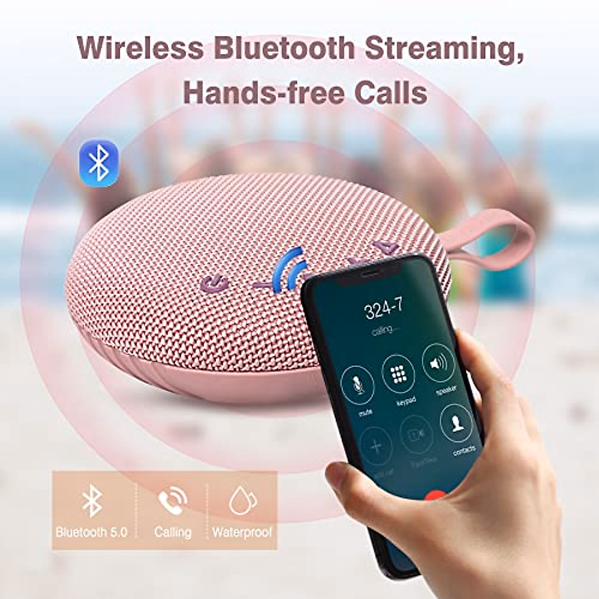 INSMY Waterproof Bluetooth Speakers, IP67 Floatable Portable Wireless Small Shower Speaker, Punchy Bass Loud Sound, Stereo Pairing, 24H Playtime, Hands-Free Clear Call for Beach Kayak Canoe (Pink)
