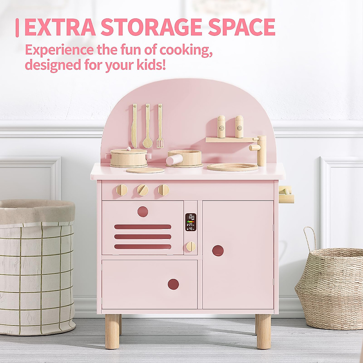 cuoote Play Kitchen Set for Kids Toddlers, Toddler Kitchen Set, Wooden Mini Pretend Kitchen playset for Boys and Girls, Toy Kitchen Gift for Girls and Boys, Gift for Ages 3+, Pink