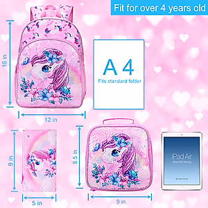 UFNDC 3PCS Unicorn Backpack for Girls, 16”Kids Sequin Bookbag with Lunch Box, School Bag for Elementary Toddler