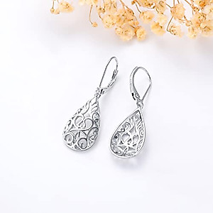 VONALA Filigree Teardrop Earrings for Women Sterling Silver Filigree Teardrop Dangle Earrings Filigree Leverback Earrings for Women Birthday Gift