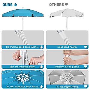 Portable Beach Umbrella for Sand: 7FT Arc Length 6.5FT Diameter Outdoor Umbrella with Anchor Heavy Duty and Adjustable Tilt Pole - UV 50+ Windproof Beach Umbrella with Carry Bag for Beach, Patio, Garden