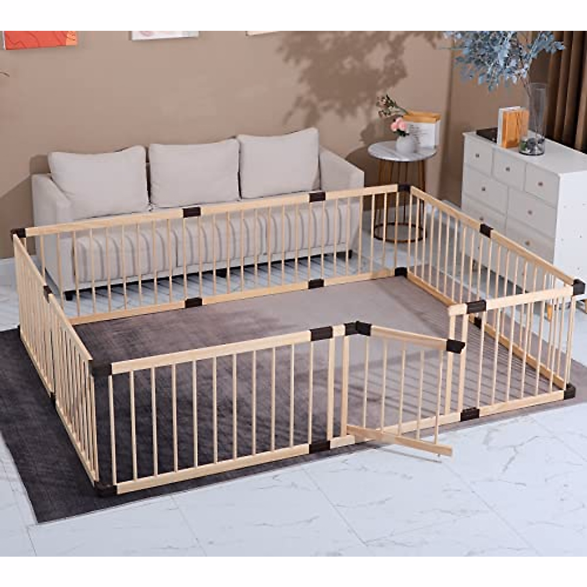 Conabay Large Baby Playpen Play Pen Fence Gate,Baby Safety Wooden Guard Fence Play Area with Door,Baby Kids Barrier Fencing,Baby Birthday Gift (180x240CM)