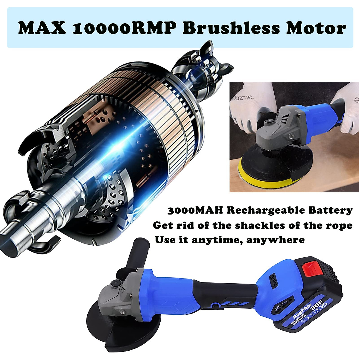 21V Brushless Battery Powered Angle Grinder Tool Kit, 1000 RPM Brushless Motor Cordless Grinder with Cutting Wheels & 1300 mAh Lithium-ion Battery and Fast Charger for Grinding Cutting