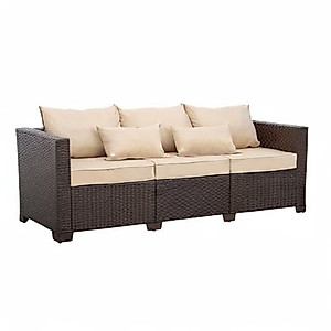 Outdoor Patio Furniture Outdoor Couch 3 Seater Sofa Outdoor Brown Wicker Sofa Deep Seat High Backrest Patio Couch with Anti-Slip Cushions and Waterproof Cover, Khaki