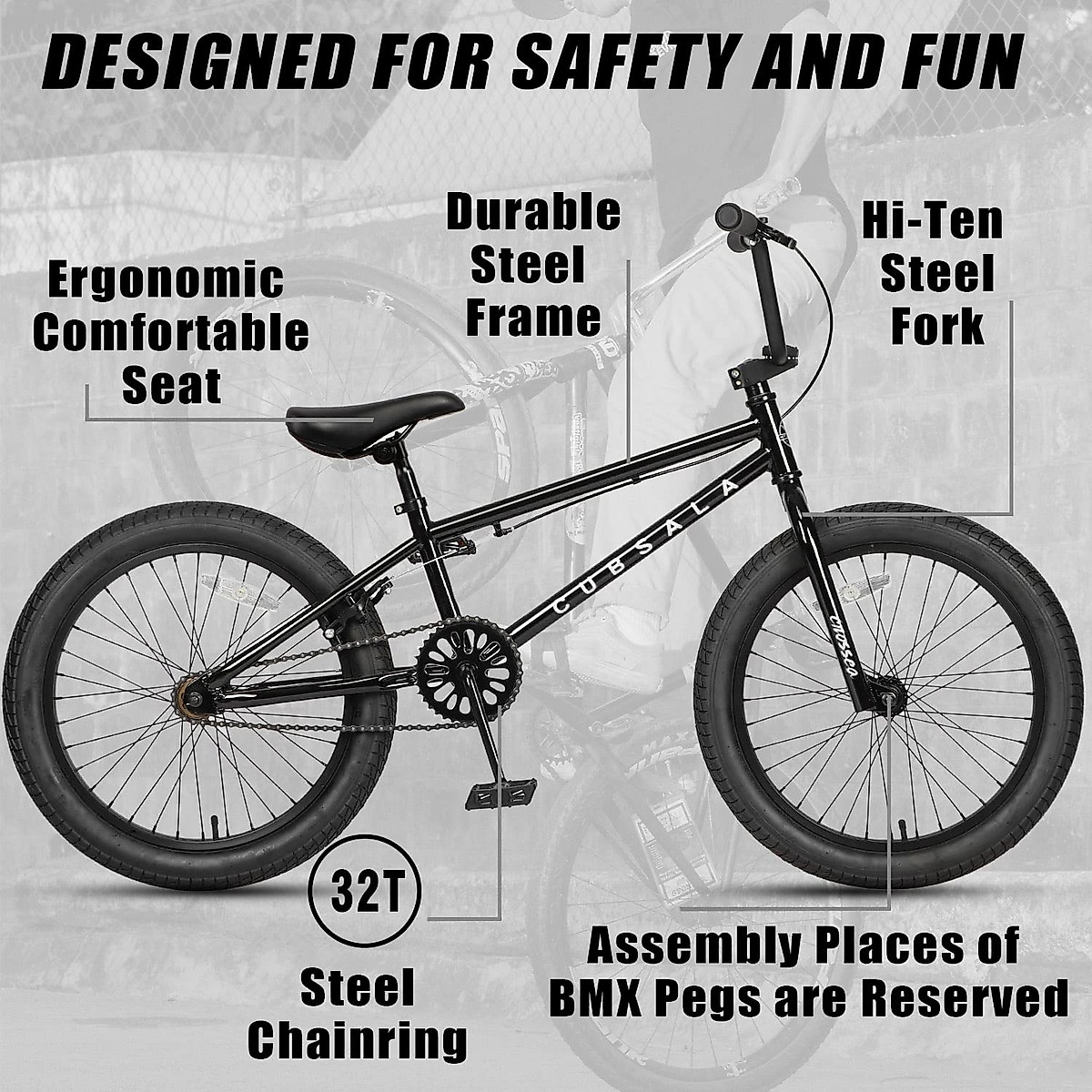 cubsala Freestyle BMX Bike, 18 Inch Kids Bicycle for 5-9 Years Old Kids and Beginner Level Rider, Black