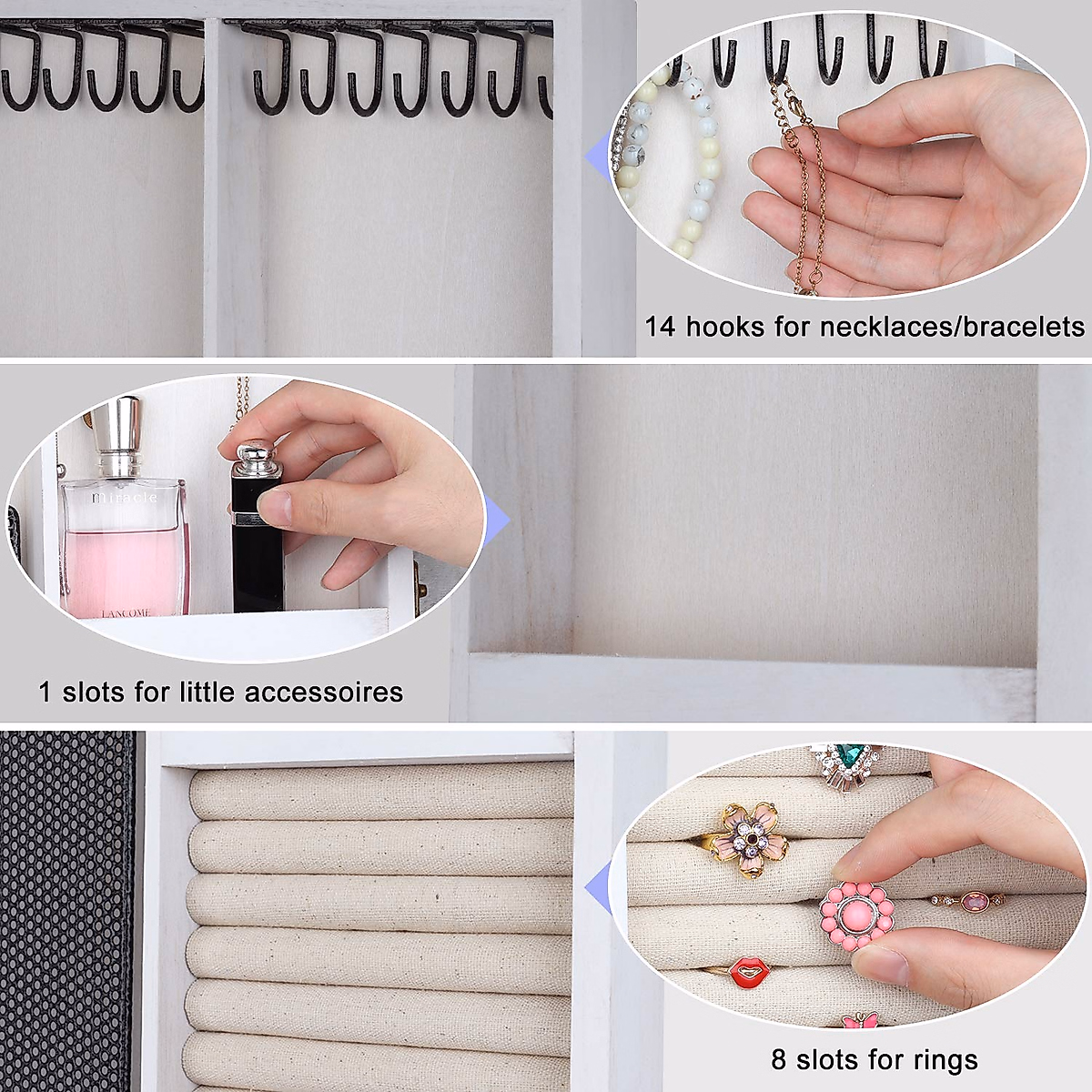 Keebofly Wall Mounted Jewelry Organizer With Rustic Wood Large Space Jewelry Cabinet, Holder, Storage Box for Necklaces, Earrings, Bracelets, Ring Holder, and Accessories White