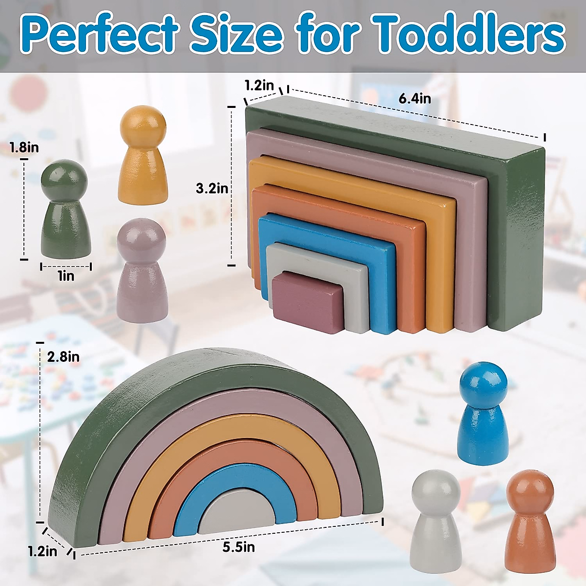 Arber Wooden Rainbow Stacking Montessori STEM Toy - Educational Learning Sensory Activity for Toddlers and Kids, Preschool Building Blocks Ages 1-2-3-4-5+ Years Old - 19 Pcs Gift Set